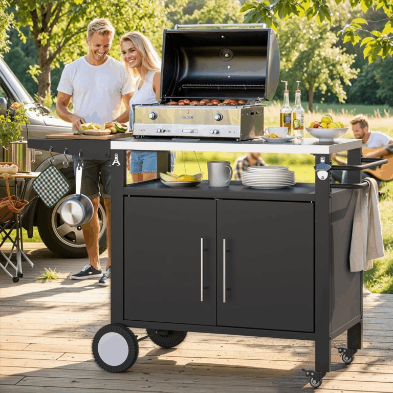 Outdoor Grill Table with Storage Cabinet & Wheels Rolling BBQ Cart for ...
