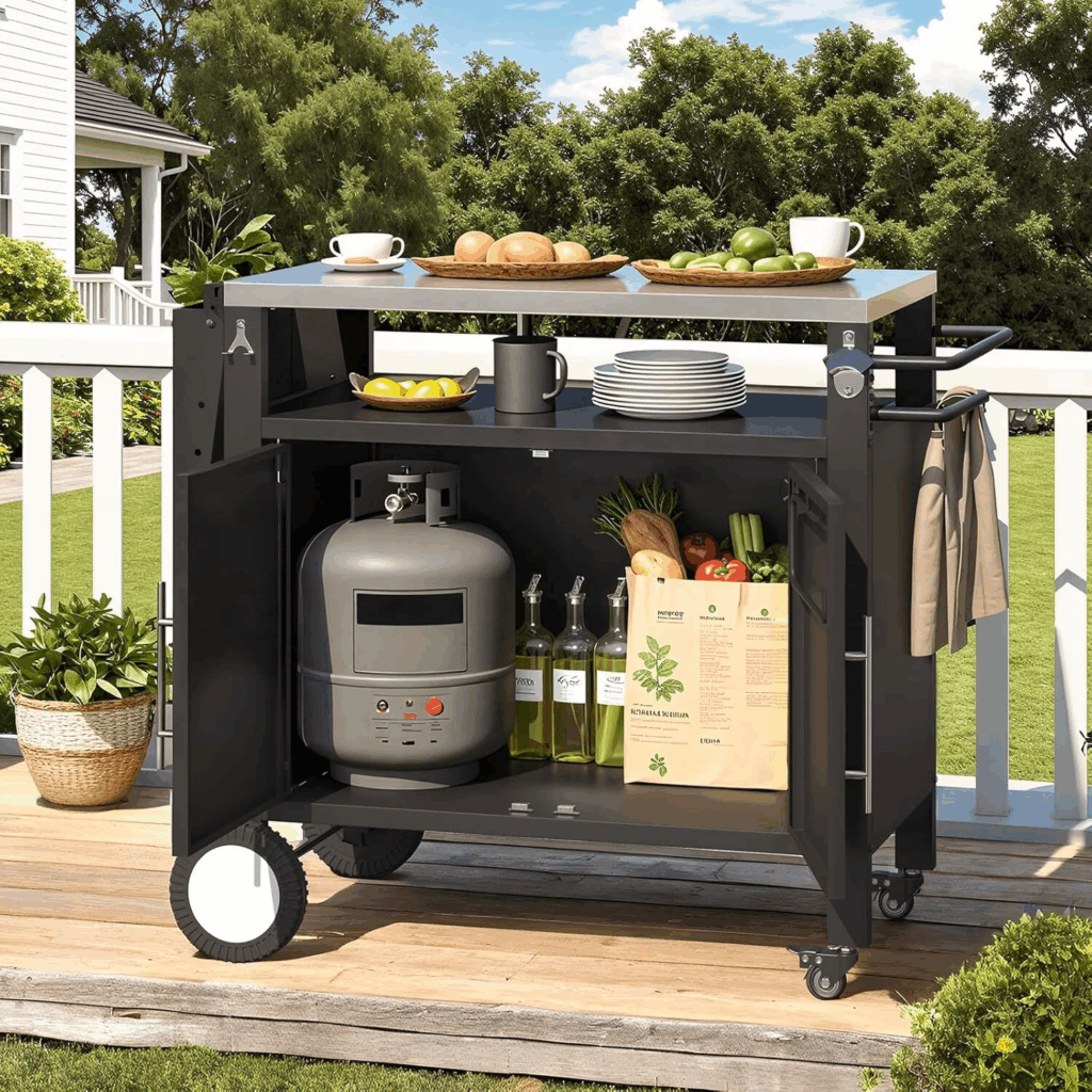 Outdoor Grill Table with Storage Cabinet & Wheels Rolling BBQ Cart for ...
